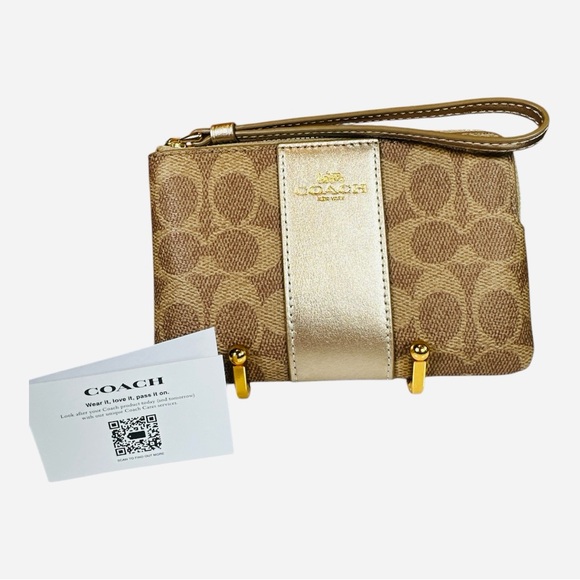 Coach | Bags | Coach Signature Tan And Gold Wristlet Nwot | Poshmark